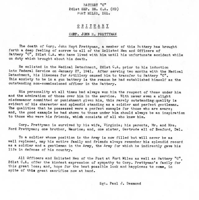 Corporal John H. Prettyman (1919–1942) – Delaware's World War II Fallen